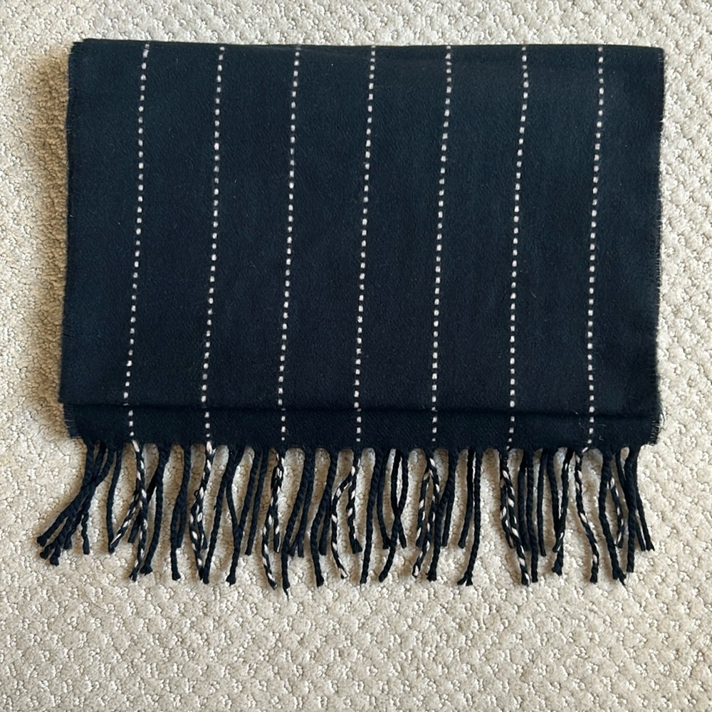 100% Cashmere Black With Beige Dotted Stripe Scarf. - Gem